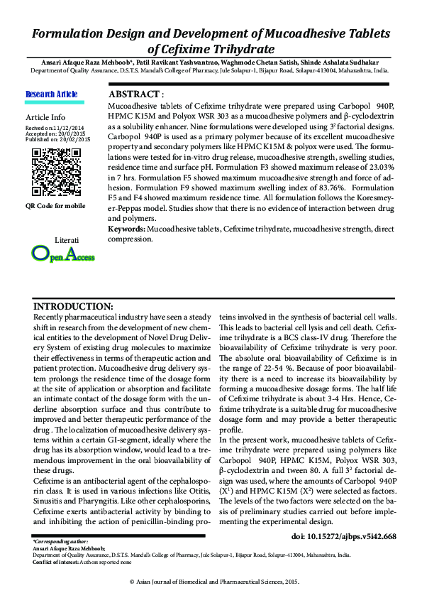 Pdf Formulation Design And Development Of Mucoadhesive Tablets Of Cefixime Trihydrate
