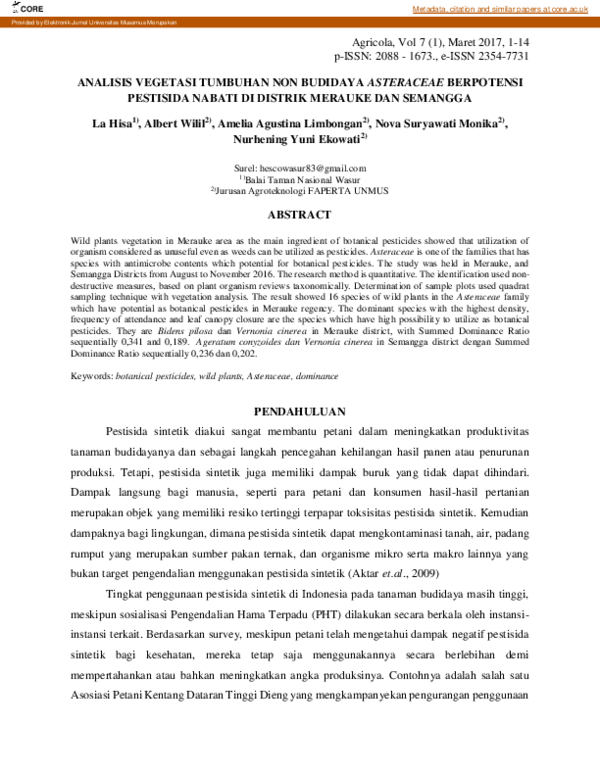 (PDF) Analisis Vegetasi Tumbuhan Non Budidaya Asteraceae Berpotensi ...