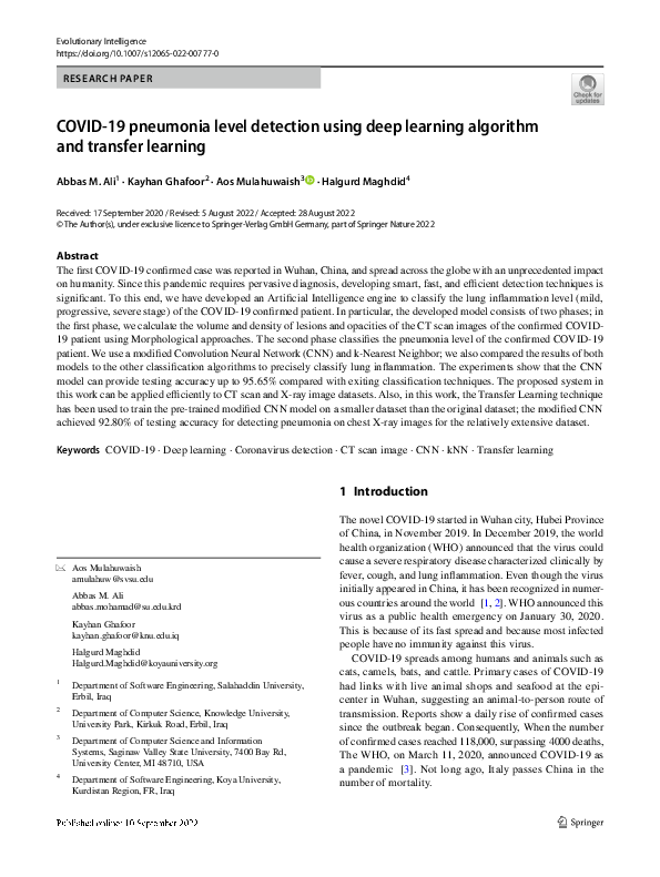 (PDF) COVID-19 pneumonia level detection using deep learning algorithm and transfer learning ...