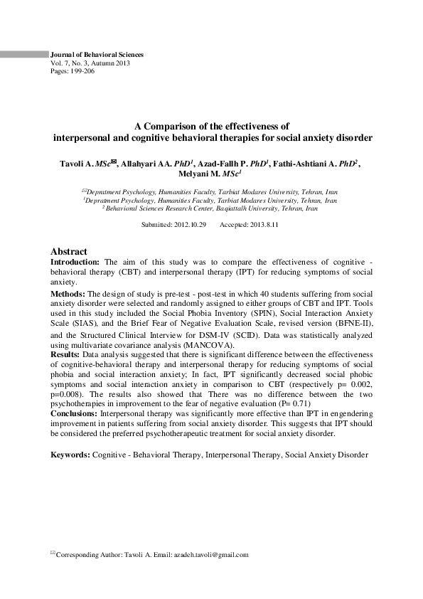 (PDF) A Comparison of the effectiveness of interpersonal and cognitive behavioral therapies for ...