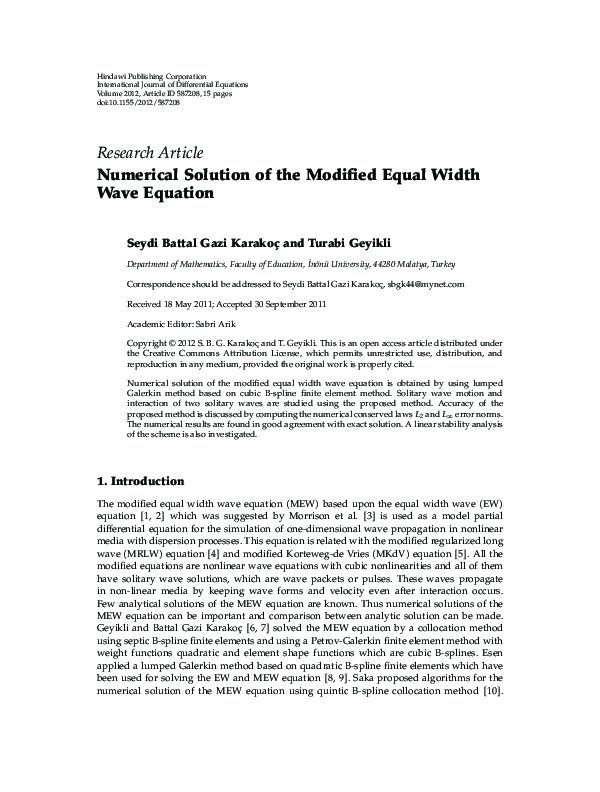 Pdf Numerical Solution Of The Modified Equal Width Wave Equation Turabi Geyikli