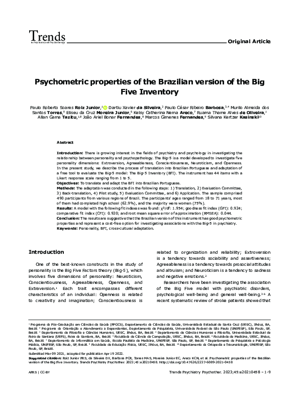 (PDF) Psychometric properties of the Brazilian version of the big five inventory