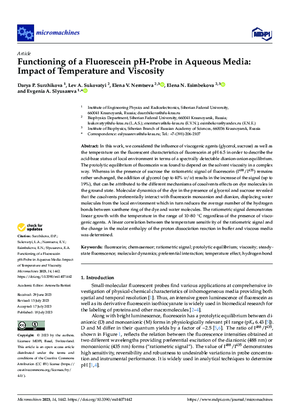 (PDF) Functioning of a Fluorescein pH-Probe in Aqueous Media: Impact of Temperature and Viscosity