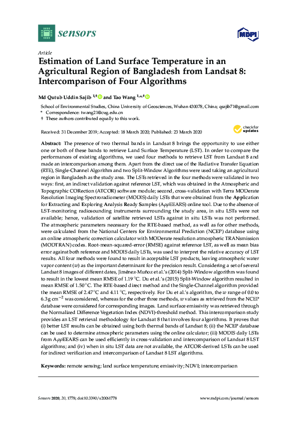 (PDF) Estimation of Land Surface Temperature in an Agricultural Region of Bangladesh from ...