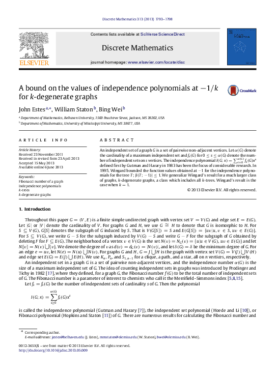 (PDF) A bound on the values of independence polynomials at for -degenerate graphs