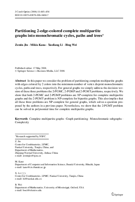 (PDF) Partitioning 2-edge-colored complete multipartite graphs into monochromatic cycles, paths ...
