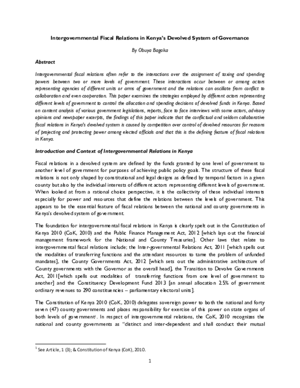 (PDF) Intergovernmental Fiscal Relations in Kenya's Devolved System of Governance