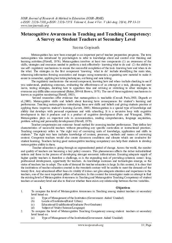 (PDF) Metacognitive Awareness in Teaching and Teaching Competency: A Survey on Student Teachers ...