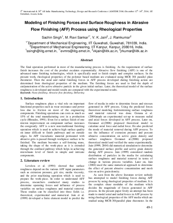 (PDF) Modeling of Finishing Forces and Surface Roughness in Abrasive Flow Finishing (AFF ...