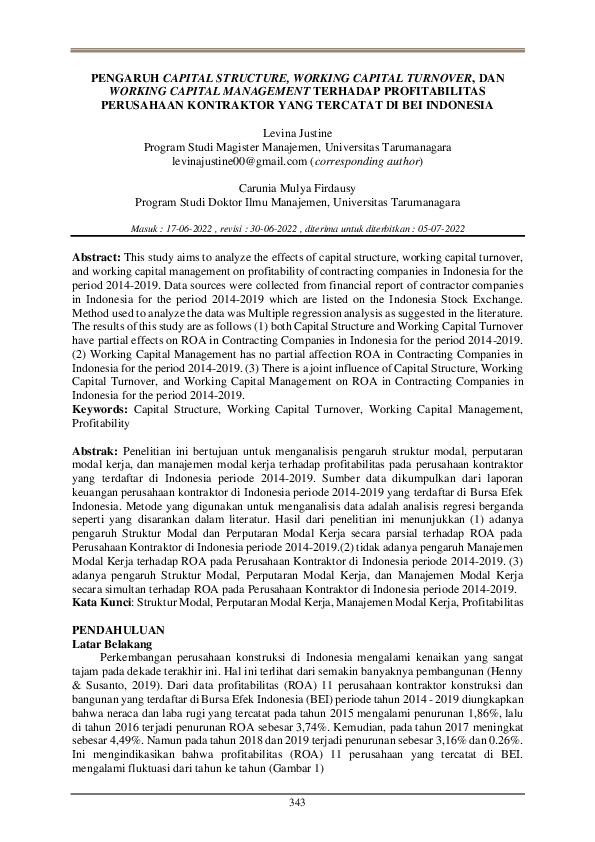 (PDF) Pengaruh capital structure, working capital turnover, dan working capital management ...