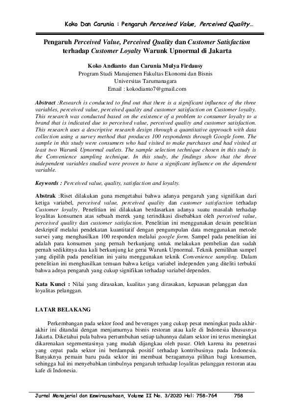 (PDF) Pengaruh Perceived Value, Perceived Quality dan Customer Satisfaction terhadap Customer ...