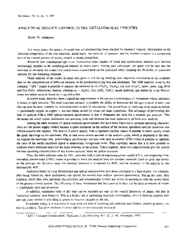 (PDF) Analytical quality control in the metallurgical industry