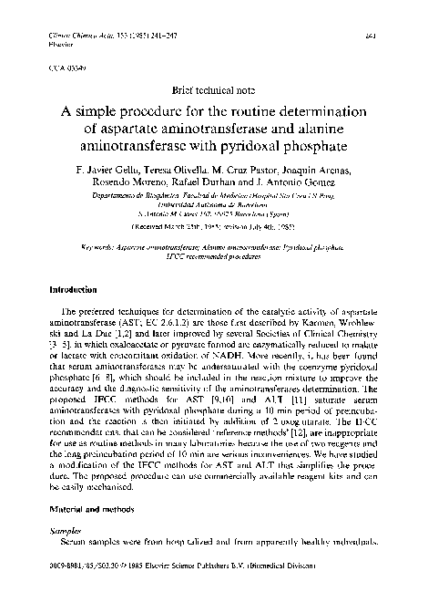 Pdf A Simple Procedure For The Routine Determination Of Aspartate Aminotransferase And Alanine
