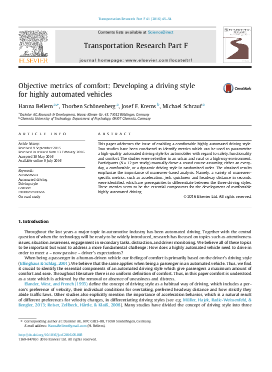 (PDF) Objective metrics of comfort: Developing a driving style for highly automated vehicles