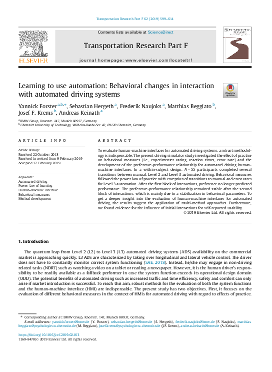 (PDF) Learning to use automation: Behavioral changes in interaction with automated driving systems