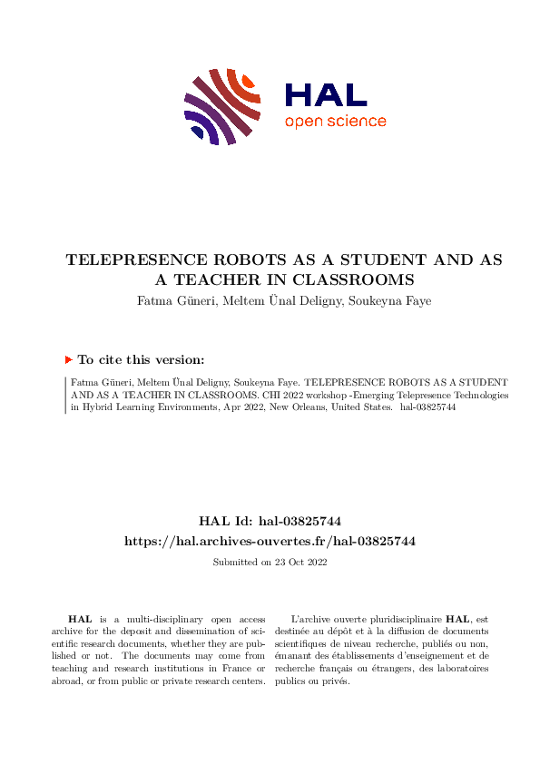 (PDF) Telepresence Robots as a Student and as a Teacher in Classrooms | Soukeyna Faye - Academia.edu