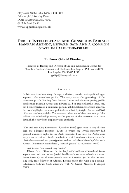 (PDF) Public Intellectuals and Conscious Pariahs: Hannah Arendt, Edward ...