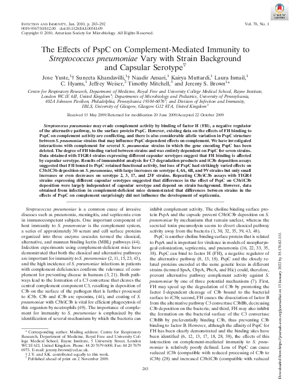 (PDF) The Effects of PspC on Complement-Mediated Immunity to Streptococcus pneumoniae Vary with ...
