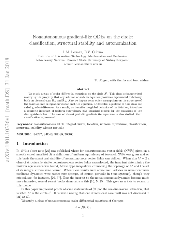 (PDF) Nonautonomous gradient-like vector fields on the circle: Classification, structural ...