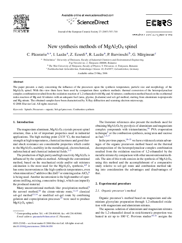 (PDF) New synthesis methods of MgAl2O4 spinel