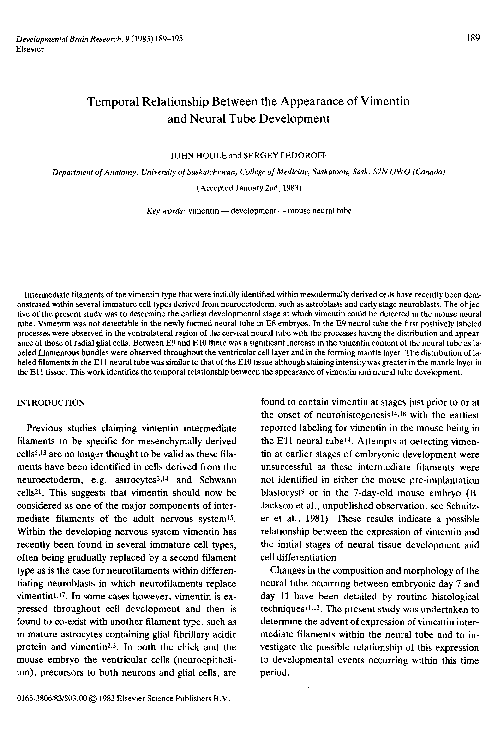 (PDF) Temporal relationship between the appearance of vimentin and neural tube development