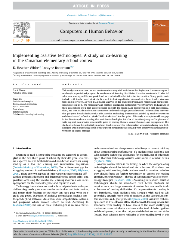 (PDF) Implementing assistive technologies: A study on co-learning in the Canadian elementary ...