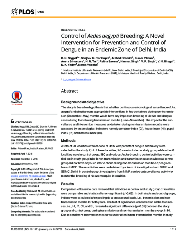 (PDF) Control of Aedes aegypti Breeding: A Novel Intervention for ...