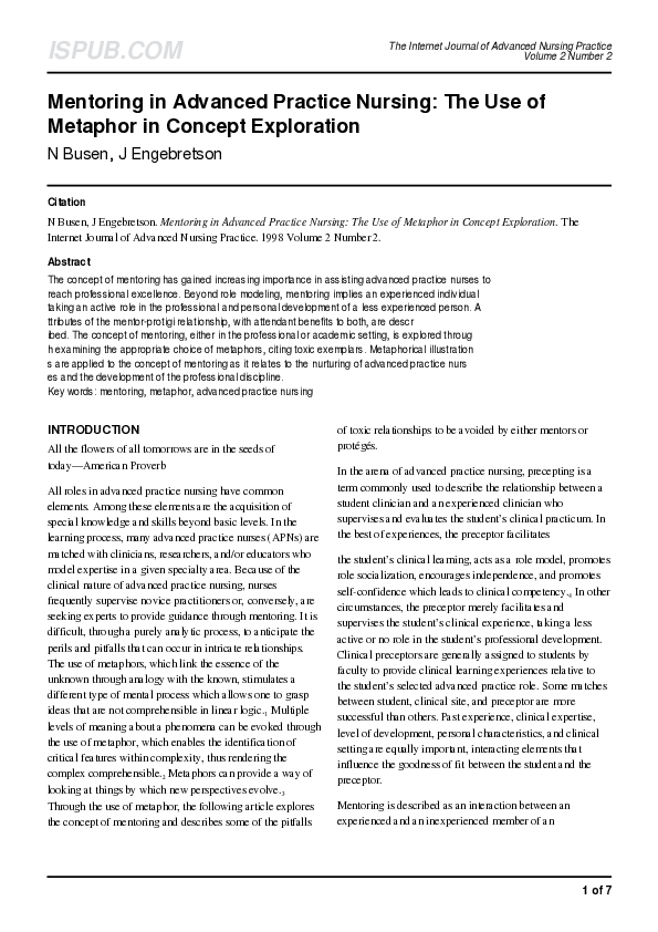 (PDF) Mentoring in Advanced Practice Nursing: The Use of Metaphor in Concept Exploration
