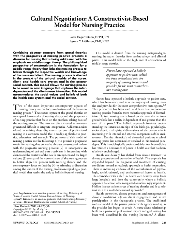 (PDF) Cultural negotiation: A constructivist-based model for nursing practice