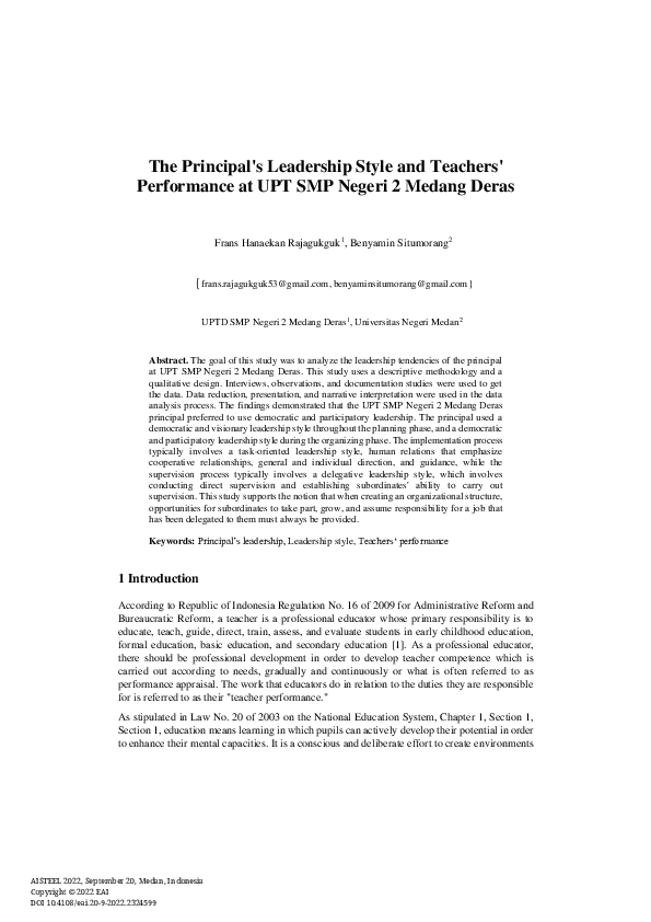 (PDF) The Principal's Leadership Style and Teachers' Performance at UPT ...