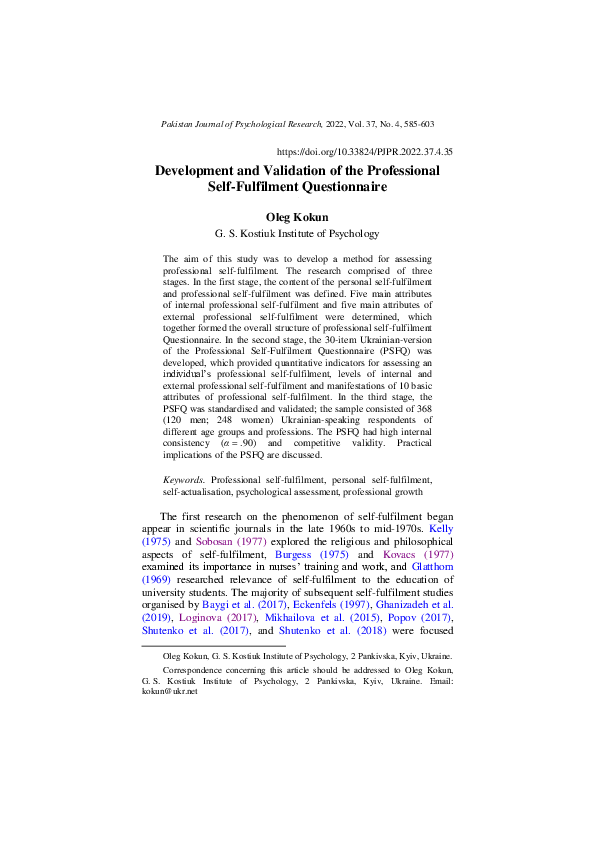 (PDF) Development and Validation of the Professional Self-Fulfilment Questionnaire