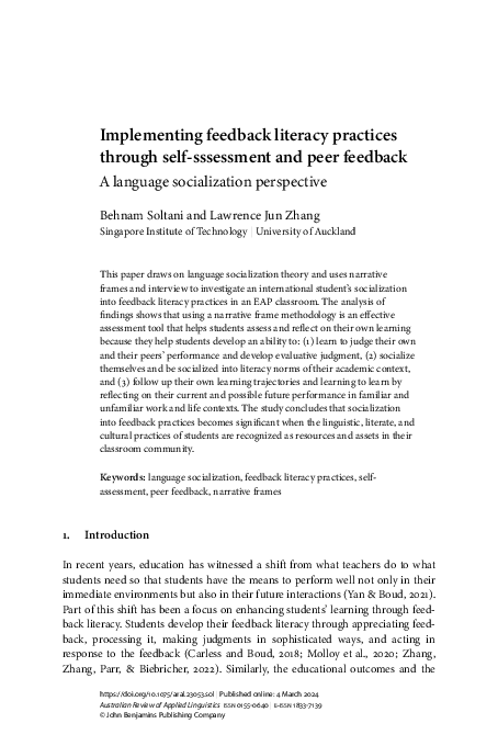 (PDF) Implementing feedback literacy practices through self-assessment and peer feedback: A ...
