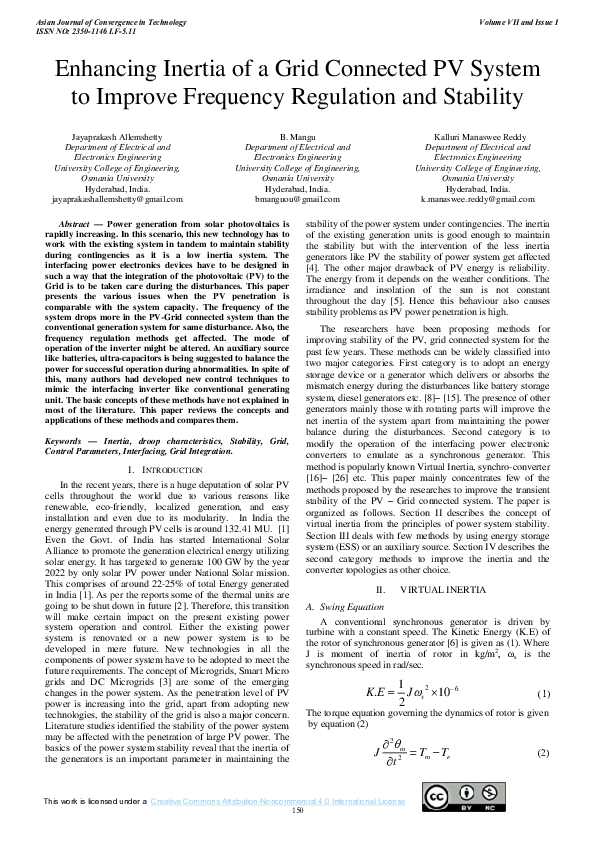 (PDF) Enhancing Inertia of a Grid Connected PV System to Improve Frequency Regulation and Stability