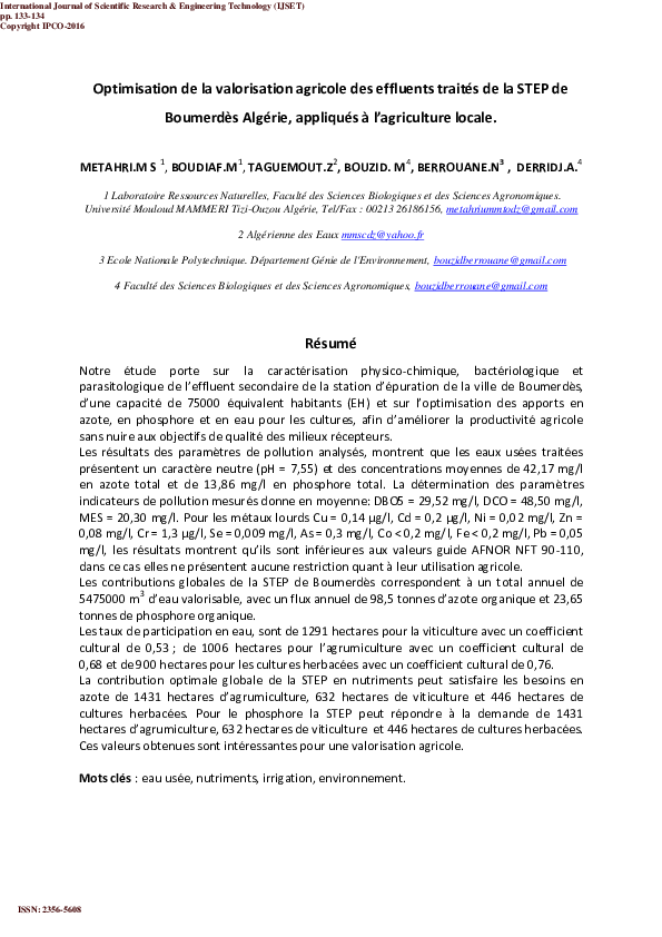 (PDF) Optimisation de la valorisation agricole des effluents traités de ...