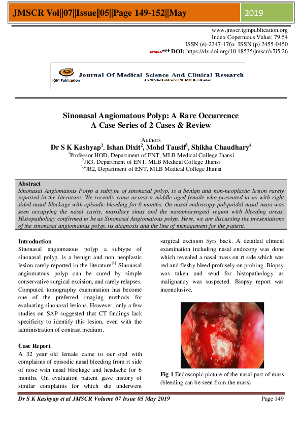 (PDF) Sinonasal Angiomatous Polyp: A Rare Occurrence A Case Series of 2 ...