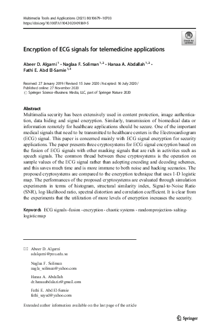(PDF) Encryption of ECG signals for telemedicine applications