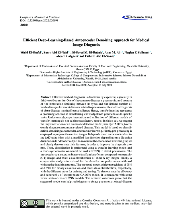 Pdf Efficient Deep Learning Based Autoencoder Denoising Approach For Medical Image Diagnosis