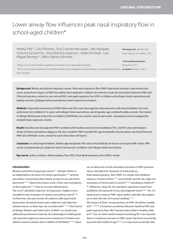 (PDF) Lower airway flow influences peak nasal inspiratory flow in school-aged children | Helena ...