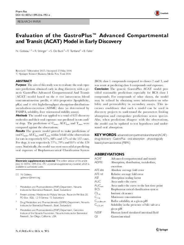 (PDF) Evaluation of the GastroPlus™ Advanced Compartmental and Transit ...