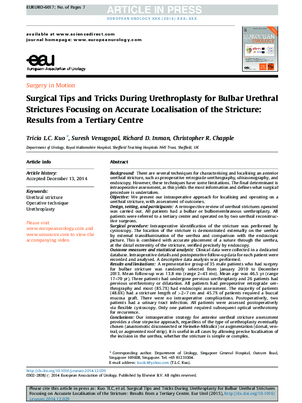 (PDF) Surgical Tips and Tricks During Urethroplasty for Bulbar Urethral ...