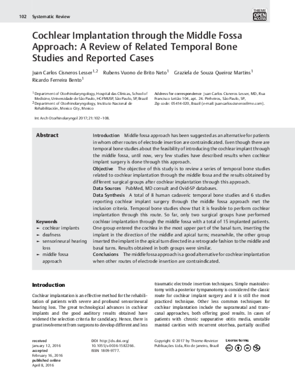 (PDF) Cochlear Implantation through the Middle Fossa Approach: A Review ...