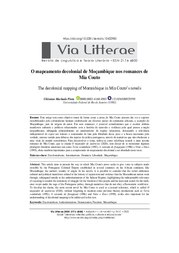(PDF) O mapeamento decolonial de Moçambique nos romances de Mia Couto ...