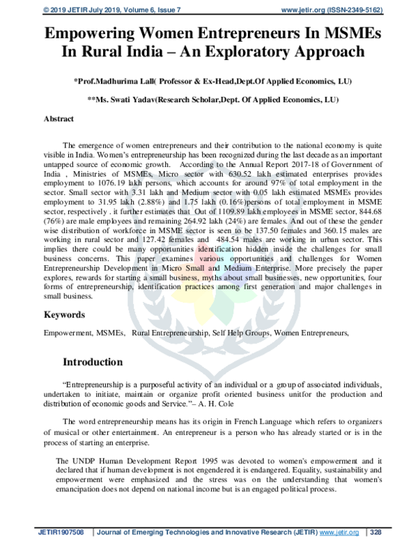 (PDF) Empowering Women Entrepreneurs In MSMEs In Rural India – An ...