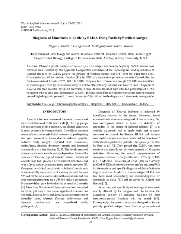 (PDF) Diagnosis of Eimeriosis in Cattle by ELISA Using Partially ...
