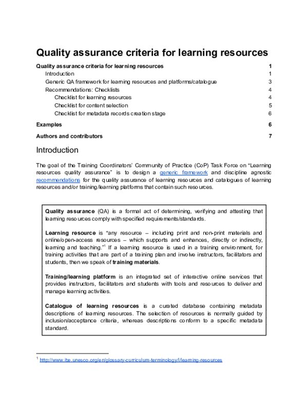 (PDF) Quality assurance criteria for learning resources
