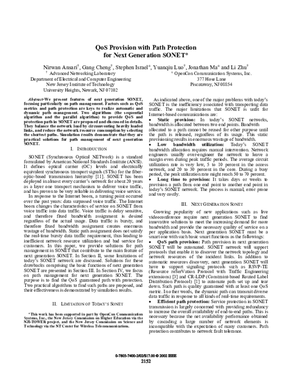 (PDF) QoS provision with path protection for next generation SONET | Stephen Israel - Academia.edu