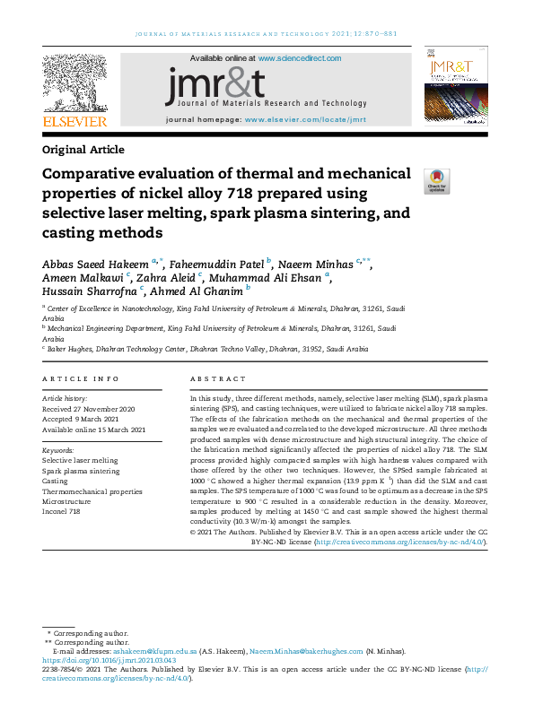 (PDF) Comparative evaluation of thermal and mechanical properties of nickel alloy 718 prepared ...