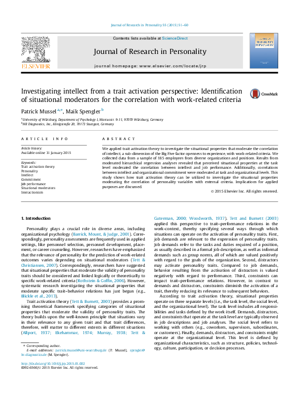 (PDF) Investigating intellect from a trait activation perspective ...