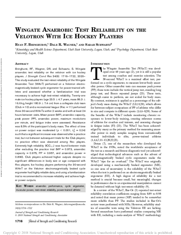 (PDF) Reliability of the Wingate Anaerobic Test with Ice Hockey Players ...