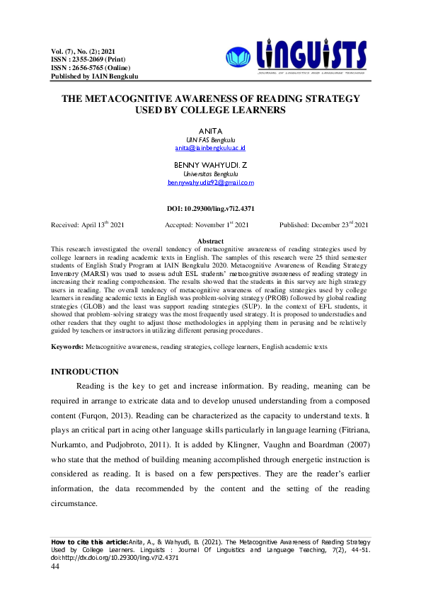 (PDF) The Metacognitive Awareness of Reading Strategy Used by College Learners